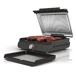Ninja GR101 Sizzle Smokeless Indoor Grill & Griddle, 14'' Interchangeable Nonstick Grill and Griddle Plates, Dishwasher-Safe Removable Mesh Lid, 500F Max Heat, Even Edge-to-Edge Cooking, Grey/Silver