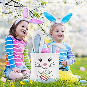 Easter Basket for Kids, Easter Egg Bag with Bunny Ears, Easter Canvas Tote Bag Candy Gift Bag, Easter Bunny Bucket Easter Egg Hunt Game Party Gift (Blue)