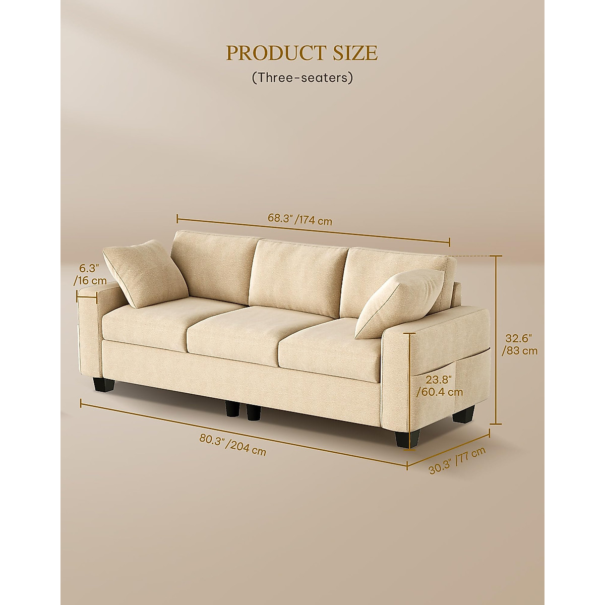 YITAHOME 80" Sofa, Comfy Upholstered Sofa Couch with Extra Deep Seats, Modern 3-Seater Couch Sleeper with Side Pocket, Loveseat for Living Room Apartment Office, Easy Assembly, Beige