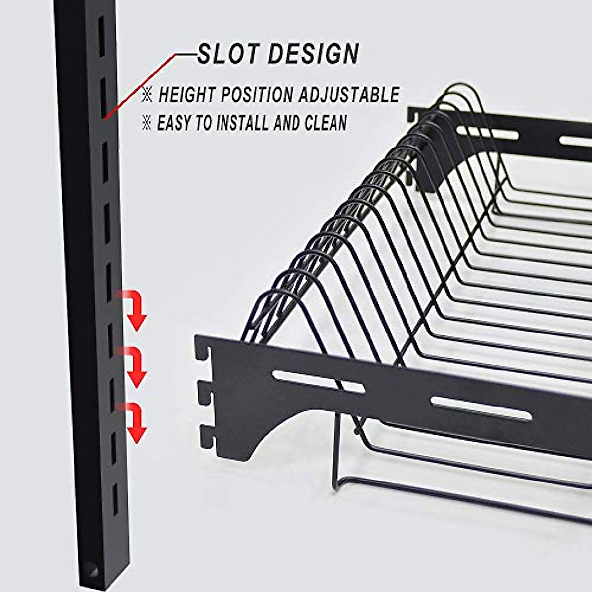 Kitchen Dish Rack,Hanging Drying Plate Organizer Storage Shelf over the Sink,junyuan 2 Tier Wall Mount Bowl Holder with Drain Tray With 3 Hooks,Stainless Steel Black Coating (2 Tier, 16)