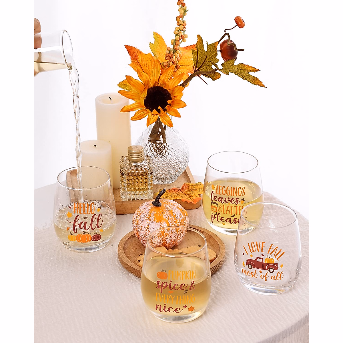 Nefelibata Fall Wine Glass Fall Cups Hello Fall Fall Leaves Pumpkin Spice Stemless Wine Glass Tumbler for Table Decor Wedding Birthday Thanksgiving Gift Ideas 12oz Set of 4