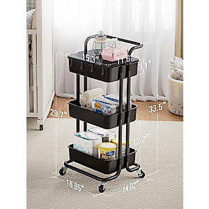 Pipishell 3 Tier Rolling Cart with Table Top, Utility Cart with Wheels & 4 Hooks, Rolling Storage Cart for Home Storage and Organization, Black, PIUC09B