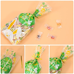 Artby7 50 Pack Easter Cellophane Bags, 5''x10.5'' Easter Treat Bags with Gold Twist Ties, Plastic Clear Cello Bags for Candy Goodie Easter Party Favor Supply Decoration