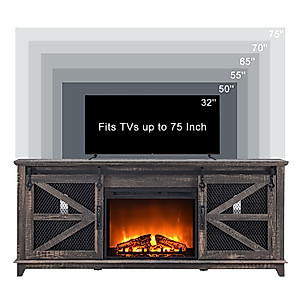 OKD Fireplace TV Stand for 70 75 Inch TV, Industrial & Farmhouse Entertainment Center with Sliding Barn Door & 23" Electric Fireplace, Rustic Media Console Cabinet for Living Room, Dark Rustic Oak