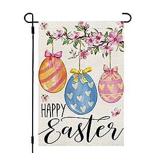 CROWNED BEAUTY Happy Easter Eggs Garden Flag Floral 12x18 Inch Double Sided for Outside Burlap Small Yard Holiday Decoration CF710-12
