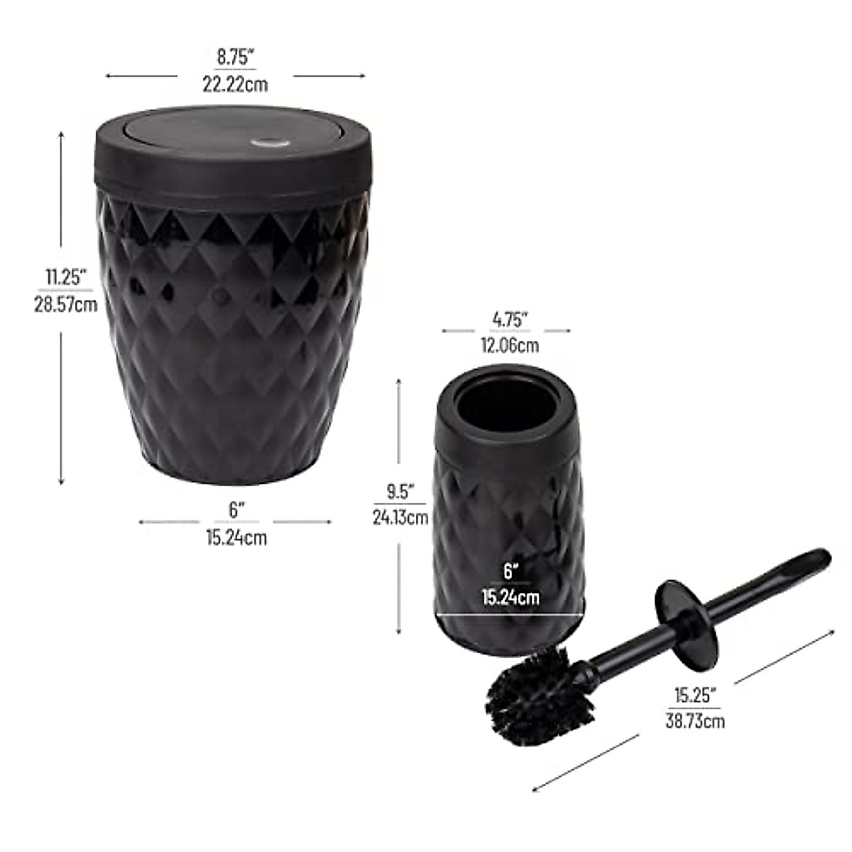 Mind Reader Basket Collection, Round Wastepaper Basket with Swivel Lid and Toilet Brush Set, Bathroom, 2 Piece Set, Bin is 8.75"W x 11.25"H and the brush is 15.25" H, 8.75"L x 8.75"W x 11.25"H, Black