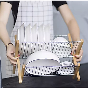 Naytic Stainless Steel Bamboo Foldable Adjustable Large Two Tier Dish Drying Rack Sink Organizer for Kitchen Counters