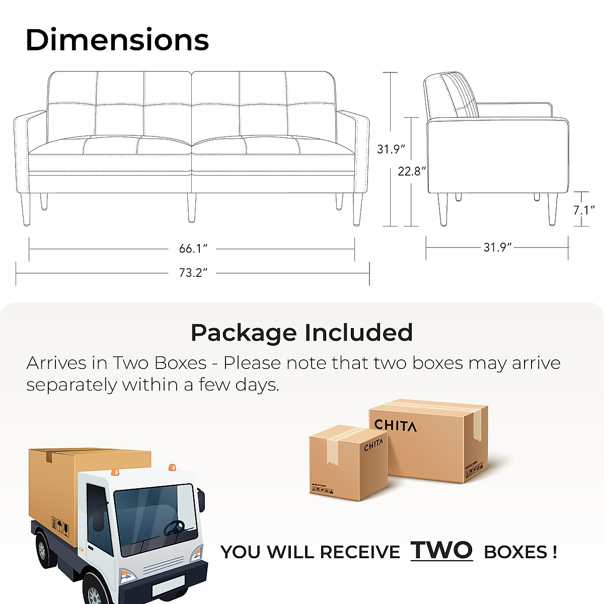 CHITA Mid-Century Sofas Furniture 73.2''W Faux Leather Sofa Couch Sets for Living Room Apartment, Cognac Brown