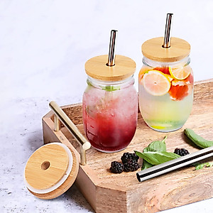 TRUSBER 4 Pack Reusable Bamboo Regular Mouth Drinking Lids with Straw Hole and Straw for Mason Jar (JAR NOT INCLUDED)
