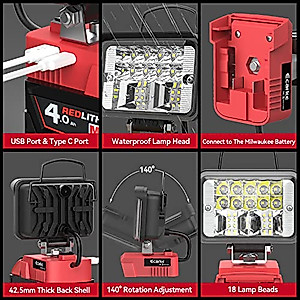 Ecarke LED Work Light Portable Flood Light for Milwaukee M18 18V Lithium Battery with USB&TYPEC Outdoor Charge &Low Voltage Protection Plate,20W Cordless Handheld Work Light Flashlight Tools(Upgraded）