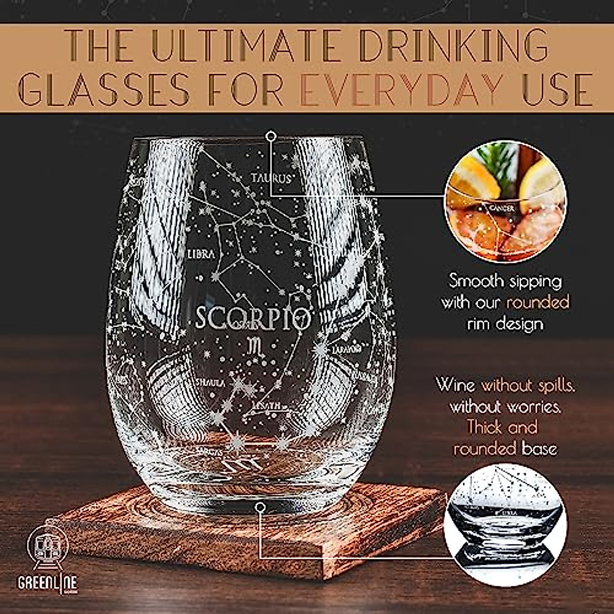 Greenline Goods Scorpio Stemless Wine Glass Etched Zodiac Scorpio Gift 15 oz (Single Glass) - Astrology Sign Constellation Tumbler