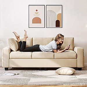 DWVO 80" Sofa Couch, Comfy Upholstered Loveseat with Extra Deep Seats, Chenille Fabric Sofa for Living Room Apartment Office, 3 Seater Couch with Side Storage Pockets, Easy Assembly, Beige