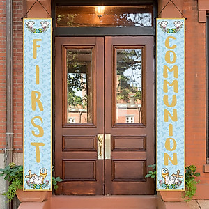 Blue First Communion Decorations Confirmation Porch Banner Baptism Front Porch Sign Christening 1st Communion Decoration and Supplies for Boys-12×71''