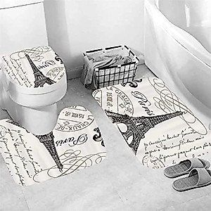 4PCS Paris Eiffel Tower Shower Curtain Set with Non-Slip Rugs Toilet Lid Cover and Bath Mat Shower Curtain with 12 Hooks Bathroom Sets with Shower Curtain and Rugs and Accessories