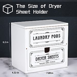Farmhouse Dryer Sheet Holder with Hinged Lid, Rustic Wooden Dryer Sheet Dispenser and Laundry Pods Container, Laundry Sheet Storage Box Fabric Softener Dispenser for Laundry Room Decor (White)