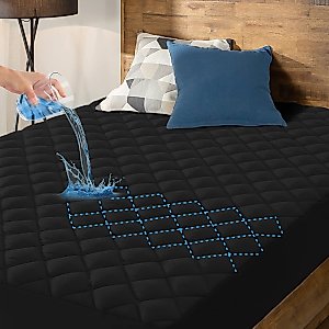 HYLEORY Queen Size Waterproof Mattress Pad Protector, Breathable Quilted Mattress Cover Noiseless Waterproof Fitted Sheet Mattress Topper Upto 21" Deep Pocket, Black