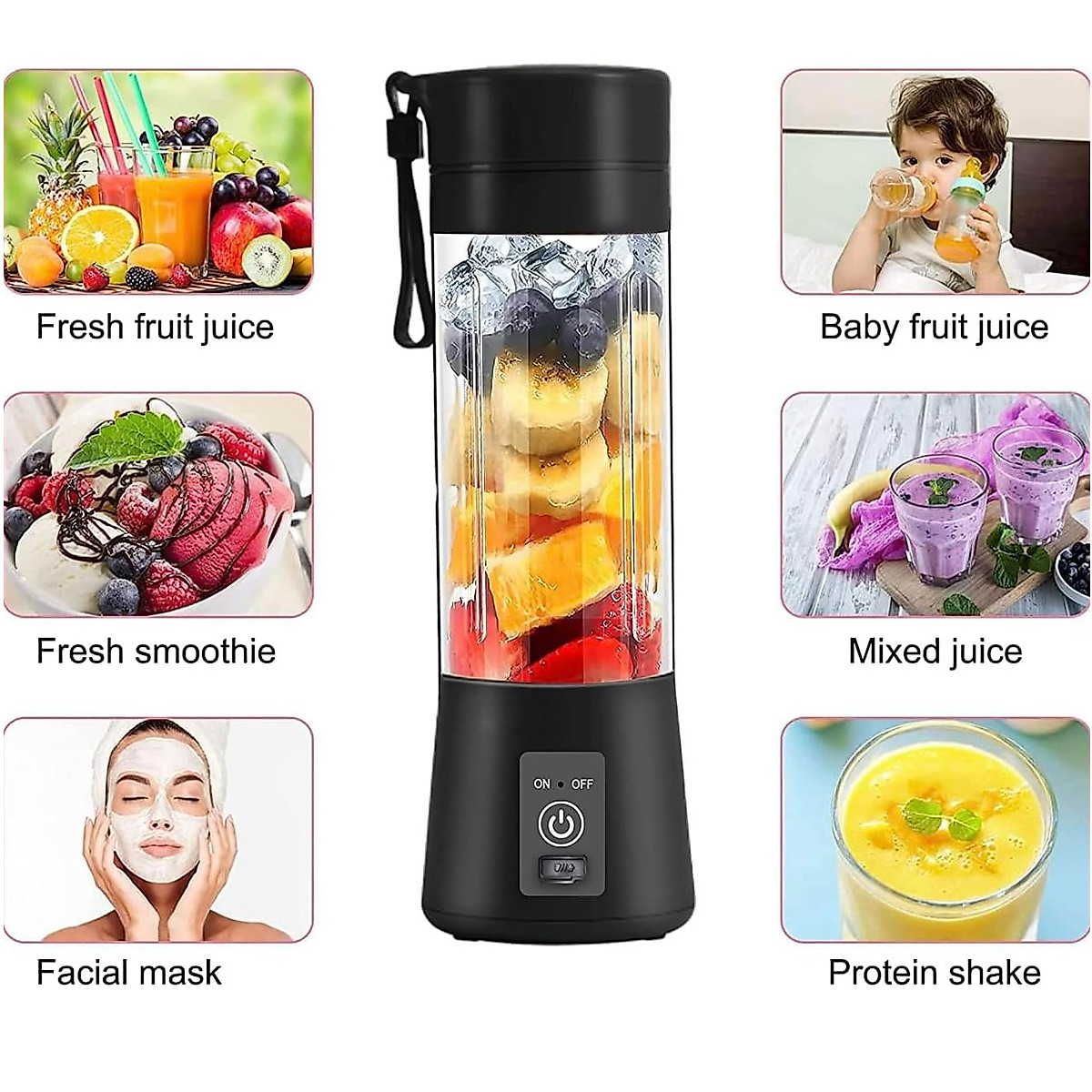 Portable Blender, Mini Personal Blender for smoothies USB Rechargeable On The Go Mixer Electric Blender Personal Size Rechargeable USB, 380Ml Juicer Cup With 6 Blades (Black), Medium