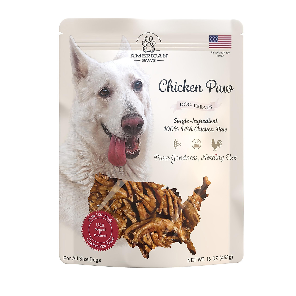 American Paws Dehydrated Chicken Feet Dog Treats, Only One Ingredient, No Additives, Made and Sourced in USA, (About 28-Pack), 1lb
