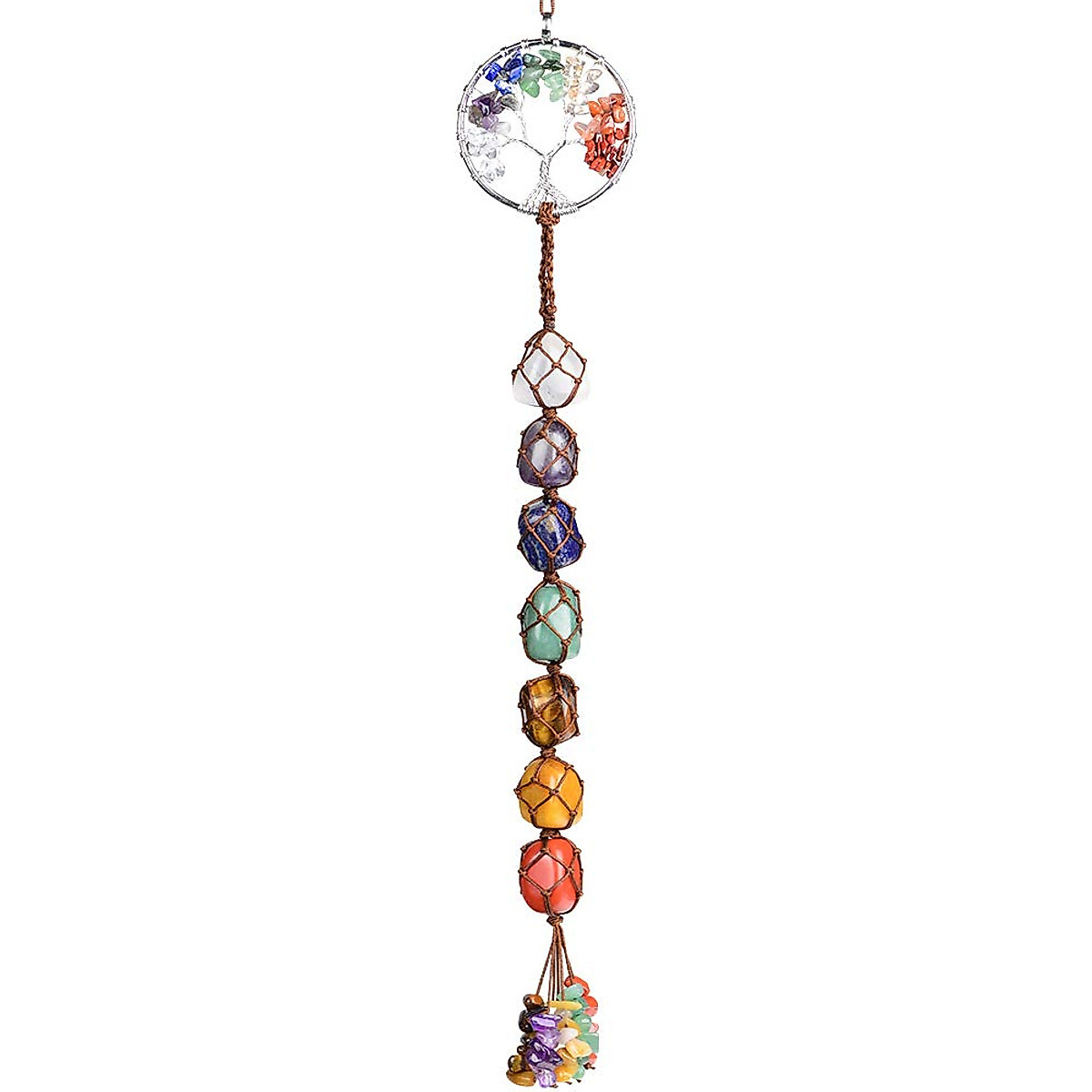 Handmade Crystal Window Car Hanging Ornaments 7 Chakra Home Decoration Feng Shui Ornament Yoga Meditation Car Decoration Tumbled Palm Stones (7 Chakras Tree)