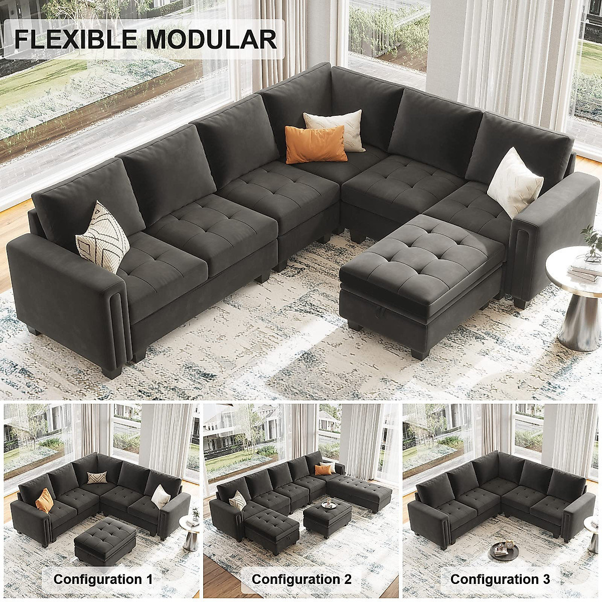 Belffin Velvet Modular Sectional Sofa with Storage Ottoman 6 Seater L Shaped Sectional Modular Sofa Couch with Reversible Chaise Convertible Corner Sectional Couch Grey