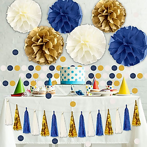 74 Pieces Navy Blue Gold Party Decoration for Graduation Includes Tissue Paper Pom Pom Flower Gold and Navy Balloon Circle Banner Tassel Garland Birthday Bridal Shower Wedding Party