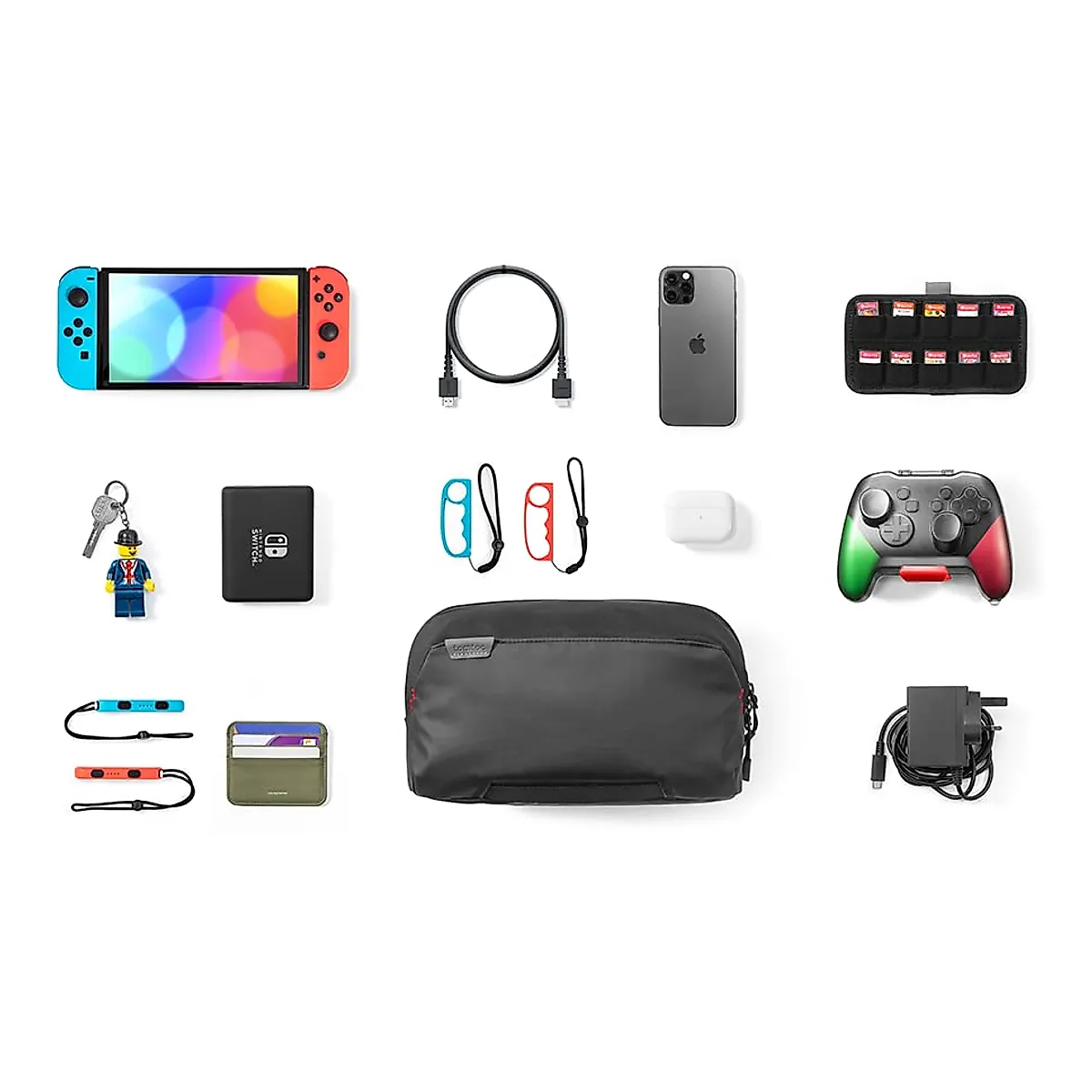 tomtoc Sling Shoulder Bag for Nintendo Switch/Switch OLED/Odin2, Removable EVA W-shaped Structure, Protective Carrying Pouch with 20 Game Cartridges Fit Pro Controller, Charger and Accessories