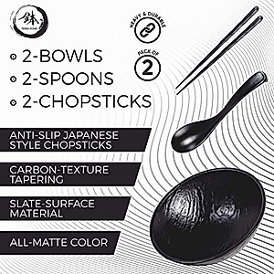 TERRA HOME Ramen Bowl Set with Chopsticks - Large Pho Bowls and Spoons Set Unbreakable Japanese Ramen Bowl - 6 Piece Matte Black Asian Noodle Bowls - 54 Ounce