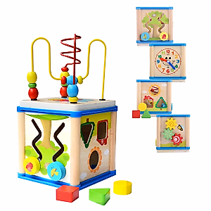 DalosDream Wooden Activity Cube with Bead Maze - 6 in 1 Multipurpose Educational Wood Shape Color Sorter Toy for Toddlers, Activity Center for Kids (6 in 1)