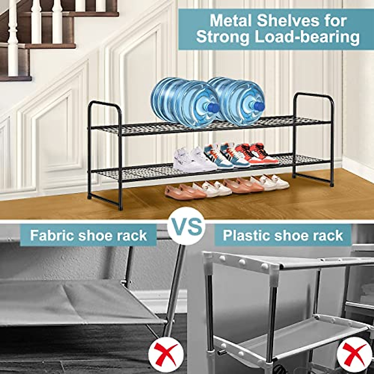 AOODA Long 2 Tier Shoe Rack for Closet Metal Wide Stackable Shoe Storage Organizer for Entryway, Bedroom, Floor, 18-Pairs Low Shoe Shelf, Black