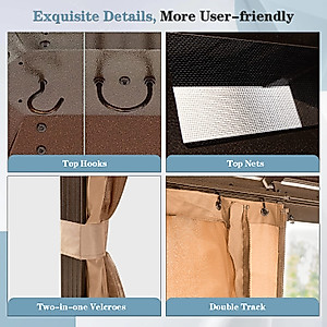 MELLCOM 12' x 14' Hardtop Gazebo, Brown Permanent Pavilion Gazebo with Curtains and Netting, Galvanized Steel Metal Double Roof Aluminum Gazebo with Aluminum Frame for Patios, Gardens, Lawns