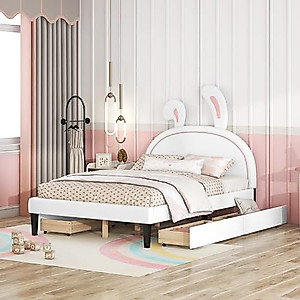 HBRR Wooden Bed Frame Full Size with 4 Storage Drawers and Bunny Ears Headboard, Upholstered Platform Bed with Storage for Kids Teens Boys & Girls, No Box Spring Needed, White