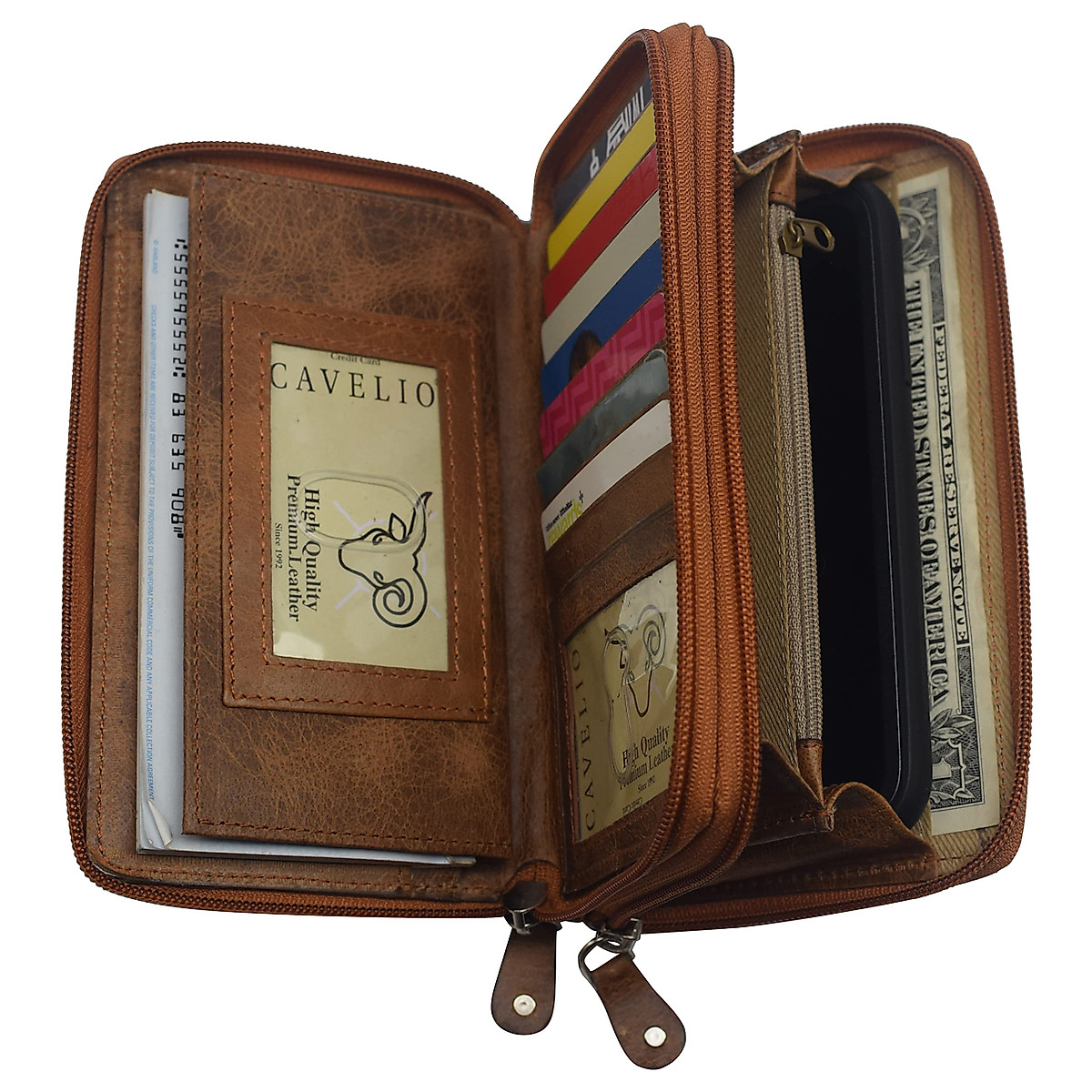 Cavelio Leather Wallets for Women RFID Blocking Double Zip Around Credit Card Holder Phone Clutch (Tan)