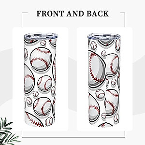 Stainless Steel Skinny Tumbler Baseball Pattern Travel Cup 20 Oz Double Wall Slim Insulated Coffee Mug With Splash Proof Lid & Straw & Cleaning Brush For Home Office
