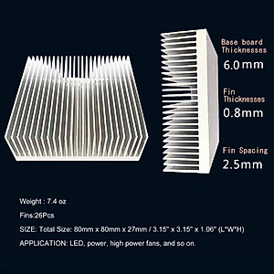 Awxlumv Aluminum 80mm Heat Sink 3.15x3.15x1inch/ 80x80x27mm Heatsink Large Radiator Circuit Board Cooling Cooler 26 Fins for LED, Power High Fans - Sliver