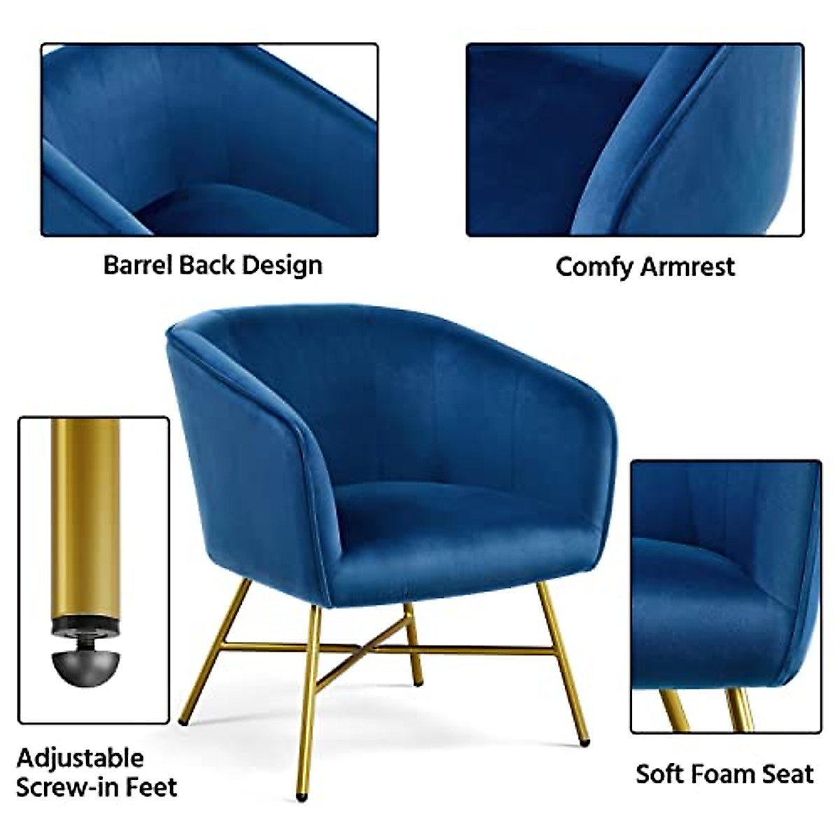 Yaheetech Accent Chair, Modern Velvet Living Room Chair with Metal Legs and Soft Padded, Comfy Side Chair for Bedroom/Office/Study/Waiting Room, Dark Blue