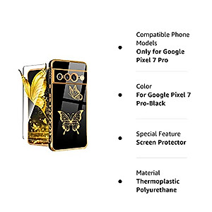 Coralogo for Google Pixel 7 Pro Case Butterfly for Women Girls Girly Pretty Phone Cases Cute Black and Gold Plating Butterflies Design with Screen Aesthetic Cover for Pixel 7 Pro 5G 2022 6.7"