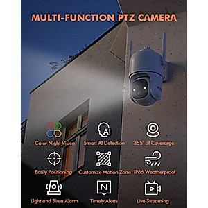 Dzees Solar Security Cameras Wireless Outdoor, 2K Battery Powered Security Camera, 360° PTZ Camera with Spotlight, Siren, Color Night Vision, AI Dectection, IP66 for Home Security, 2.4GHz