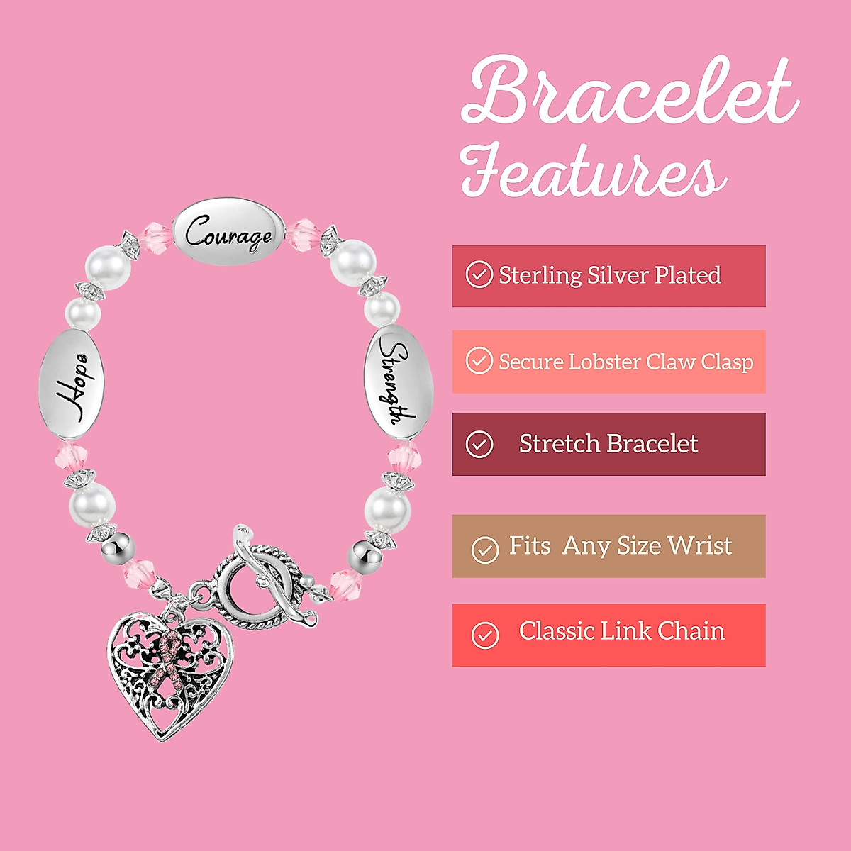 Fundraising For A Cause Pink Ribbon Breast Cancer “Hope, Strength Bracelet (1 Bracelet)