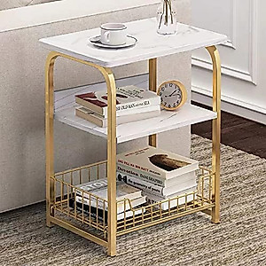 Garden 4 you End Table Side Table 3 Tiers White Marble Nightstand Industrial Retro Storage Shelf for Living Room Bedroom Kitchen Family and Office,Stable Wood and Metal Frame