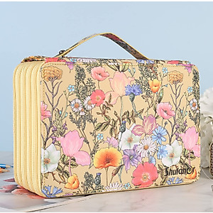 Shulaner 250 Slots Colored Pencil Case Organizer with Zipper Large Capacity Pen Holder Bag for Artist Yellow Flower