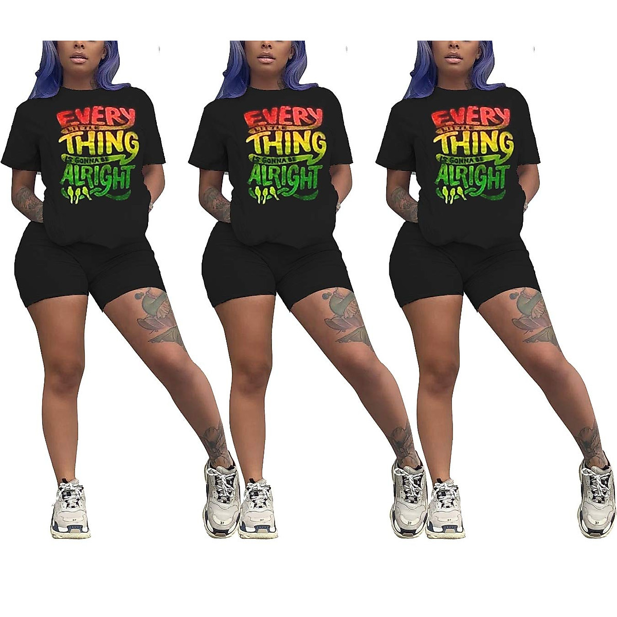 Molilove 2 Piece Outfits for Women Rainbow Short Sleeve Top + Short Pants Casual Tracksuit Jogging Suit 2 Piece Outfits Round Neck Printed Short Two-Piece Set