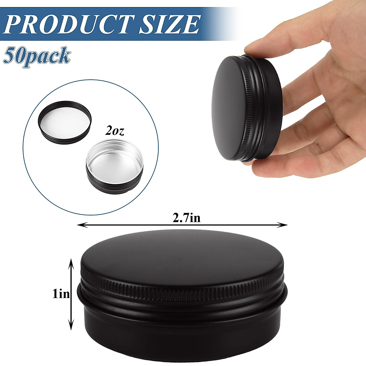 LDXDRU 50 Pack 2oz Metal Tin Cans, Tin Containers With Lids, Round Small Tins with Lids for Candles Salve Cosmetic Lip Balm Candies Food Storage, Black