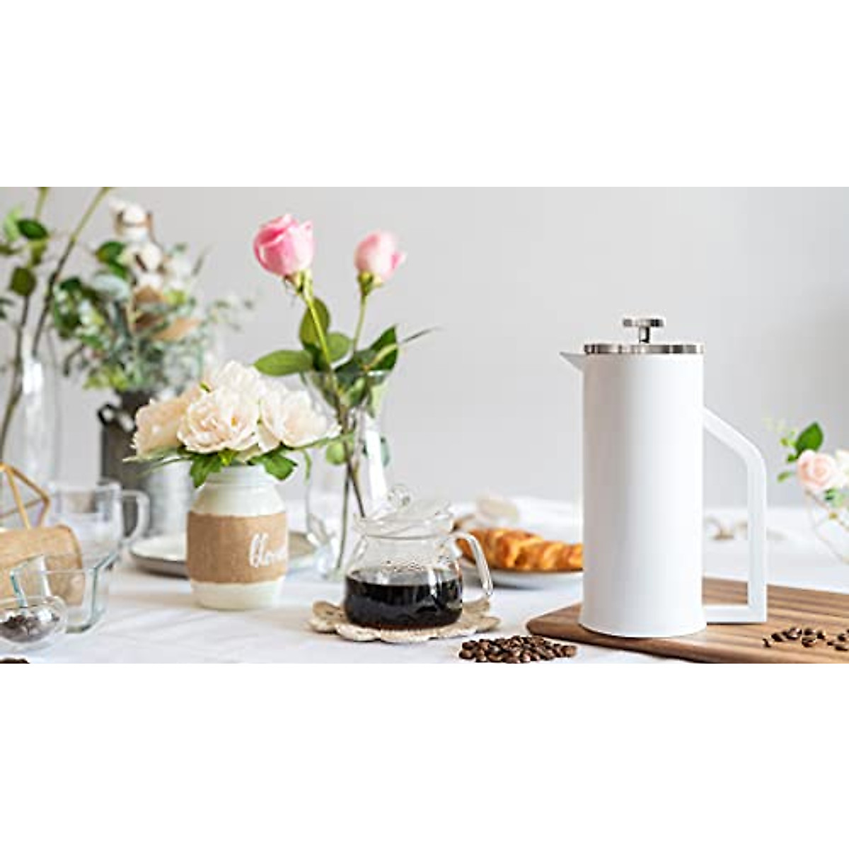 LAFEECA French Press Coffee Maker - Stainless Steel Double Wall Vacuum Insulated - Large Thermal Brewer 34 oz 1000 ml White