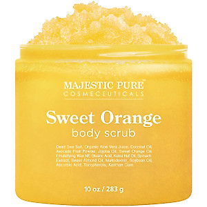 Majestic Pure Sweet Orange Body Scrub for All Natural Skin Care - Exfoliating Multi Purpose Body and Facial Scrub Moisturizes and Nourishes Face and Skin - 10 oz - Great Gift for Her