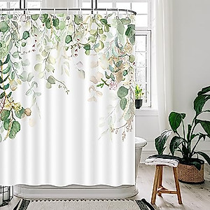 QOQIBU Green Plant Shower Curtain for Bathroom with 12 Hooks,Waterproofing Enhanced Shower Curtains with Eucalyptus Leaf Plant Pattern,Floral Shower Curtain Inspired by Nature for Decoratin-72 x72
