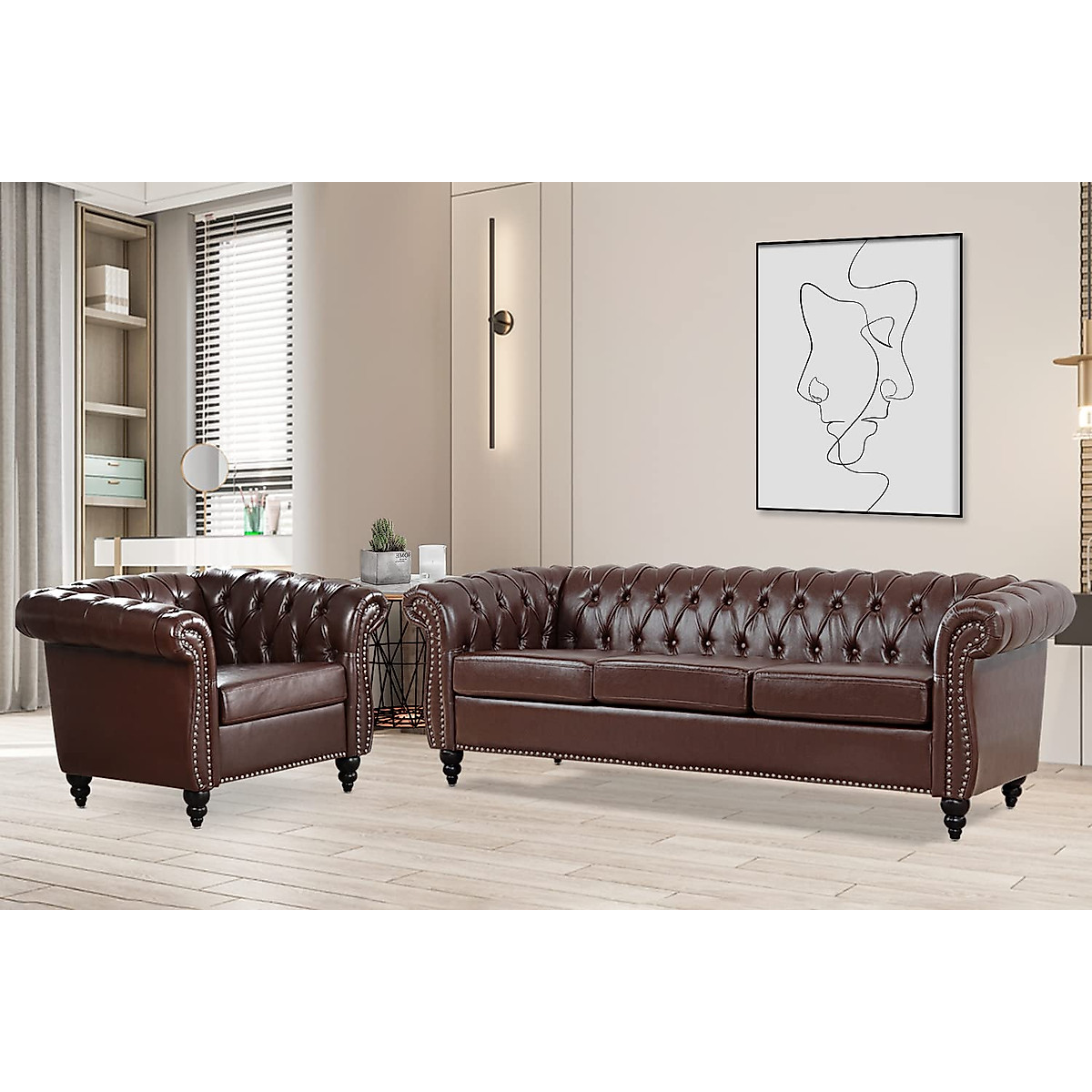 Vaztrlus Brown Leather Sectional Chesterfield Sofa Set, Luxury Couch for Living Room, Comfy Deep-Seat 3-Seater Couch and Chair Set for Bedroom, Office, or Apartment. Tool-Free 2-Piece Assembly.
