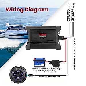 Pyle Waterproof Bluetooth Marine Amplifier Receiver - Weatherproof 2 Channel Wireless Amp for Stereo Speaker with 600 Watt Power, Wired RCA, AUX and MP3 Audio Input Cable - (Black)