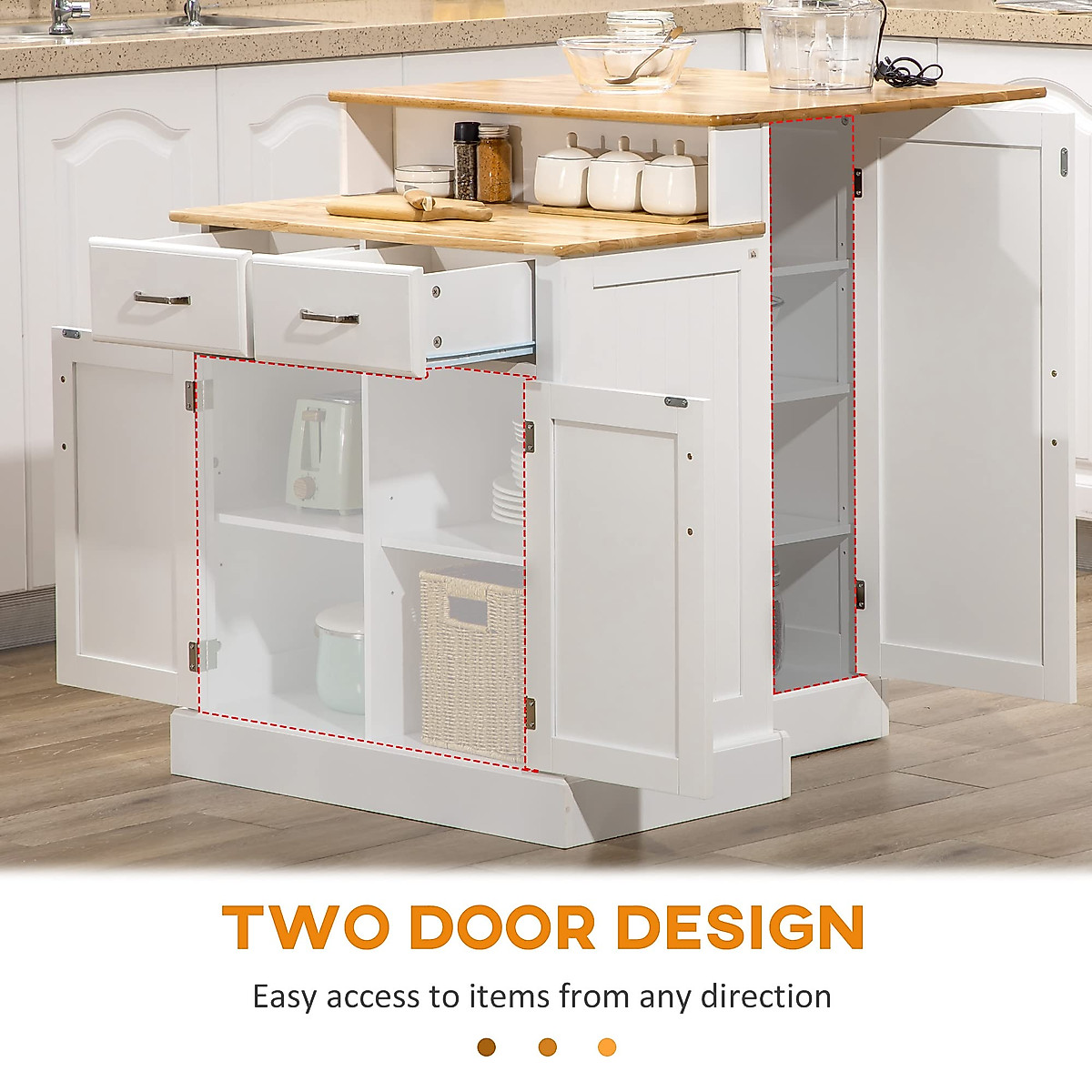HOMCOM Kitchen Island with Storage Cabinet and 2-Level Rubber Wood Tabletop, Island Table with Adjustable Shelves and Drawers, White