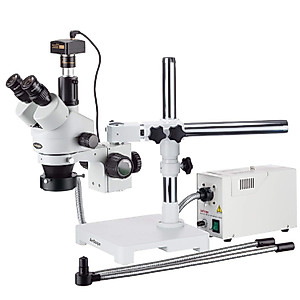 AmScope SM-3TZ-FODR-10M Digital Professional Trinocular Stereo Zoom Microscope, WH10x Eyepieces, 3.5X-90X Magnification, 0.7X-4.5X Zoom Objective, Fiber Optic Dual-Gooseneck and Ring Light, Single-Arm Boom Stand, 110V-120V, Includes 0.5X and 2.0X Barlow L