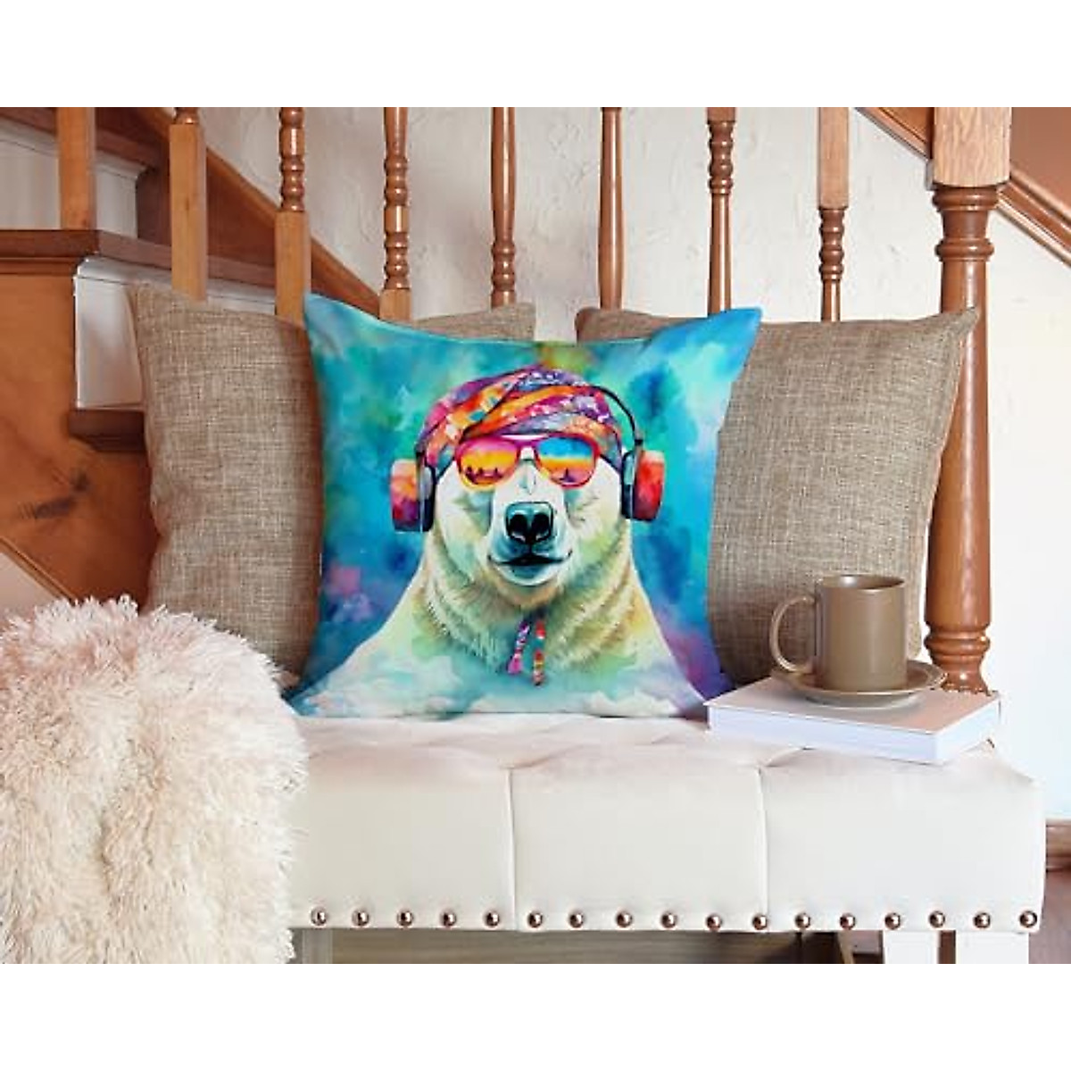 Caroline's Treasures DAC4028PW1414 Hippie Animal Polar Bear Throw Pillow Machine Washable, Indoor Outdoor Decorative Pillow for Couch, Bed or Patio, 14Hx14W